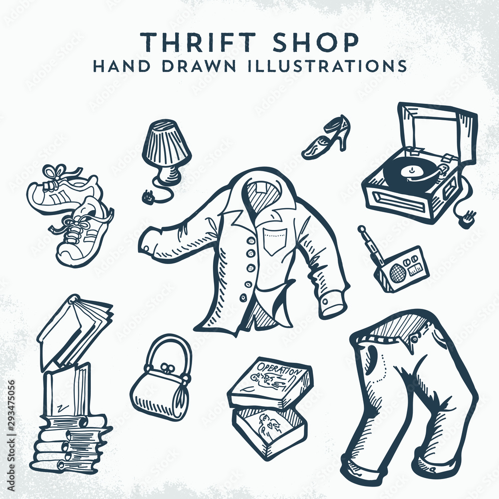 Thrift Shop Hand Drawn Illustrations. Flea market, Garage Sale and ...