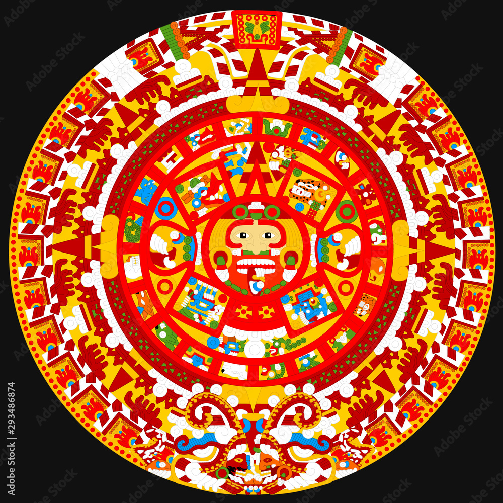 Famous ancient Aztec Calendar vector full color. Stock Vector | Adobe Stock