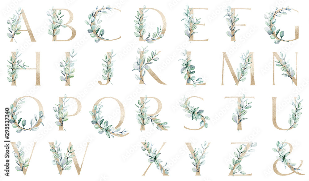 Floral gold alphabet, set letters with watercolor leaf eucalyptus ...