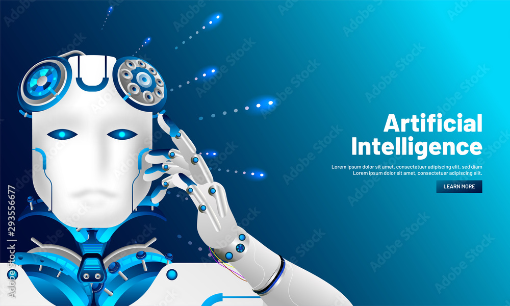Artificial intelligence (AI) responsive web template design, Cyborg thinking on shiny blue ...