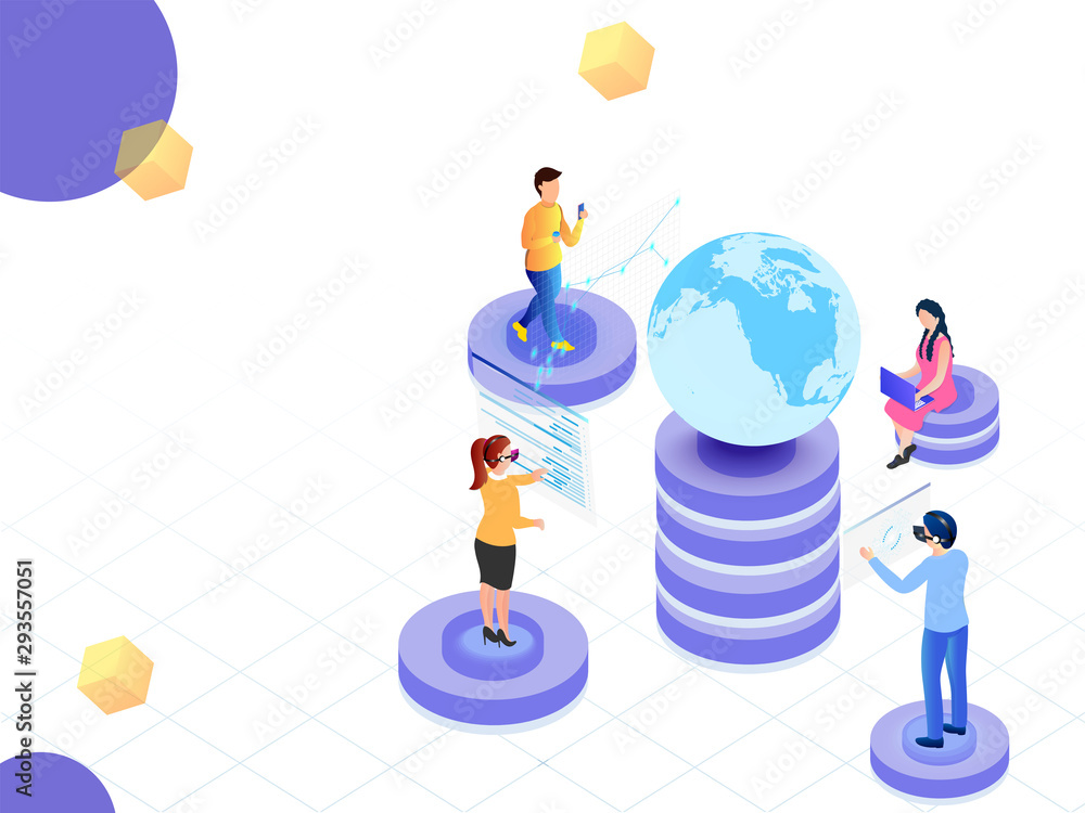 Global Augmented Reality concept based web template design, Miniature business people analysis ...