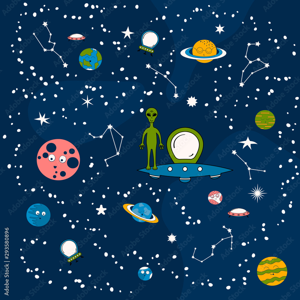 Pattern with cartoon planets, spaceships and zodiac signs. Cute baby ...