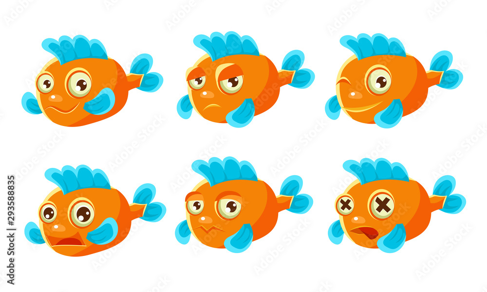 Orange Fish with Different Emotions Set, Cute Sea Creature Cartoon ...