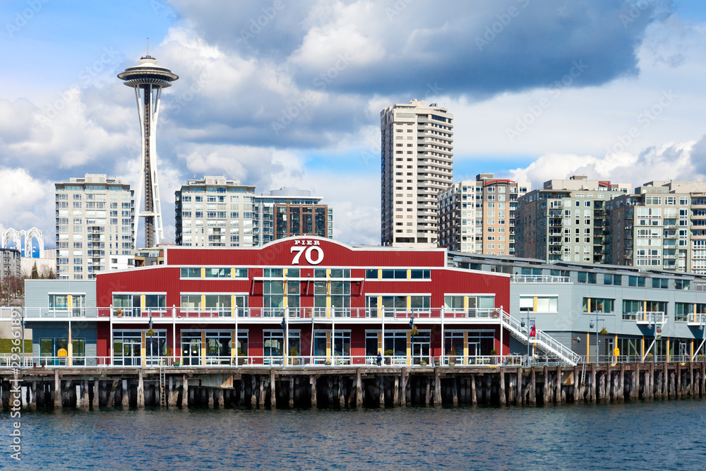 Seattle waterfront with Pier 70 and the Space Needle in the background ...