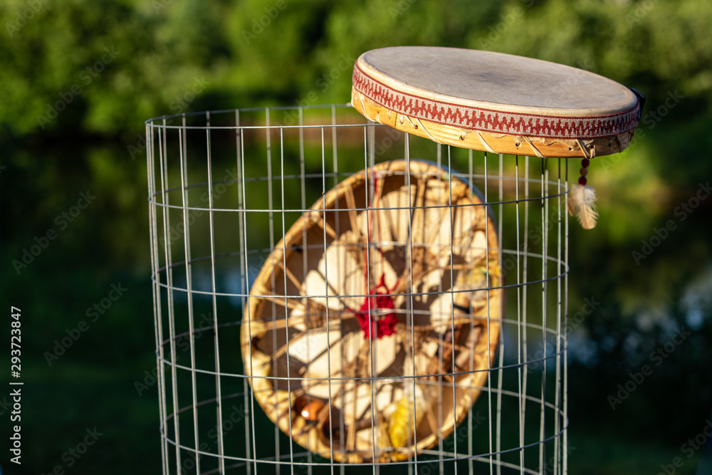 Sacred drums during spiritual singing. Two Native American hand drums ...