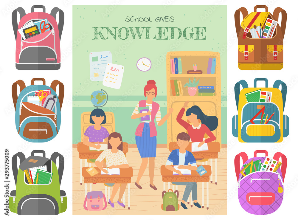 School gives knowledge vector, teacher with students raising hands to ...