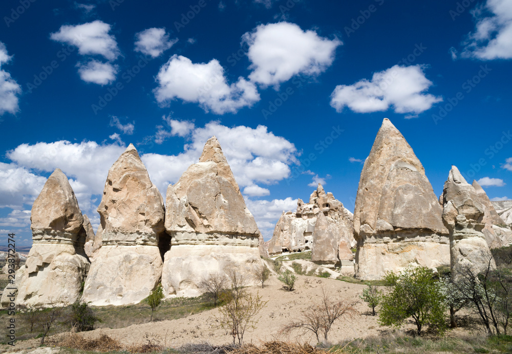 Limestone rock formations and fairy chimneys at Goreme National Park ...