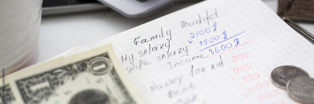 Notepad page with handwritten calculation of family budget closeup ...