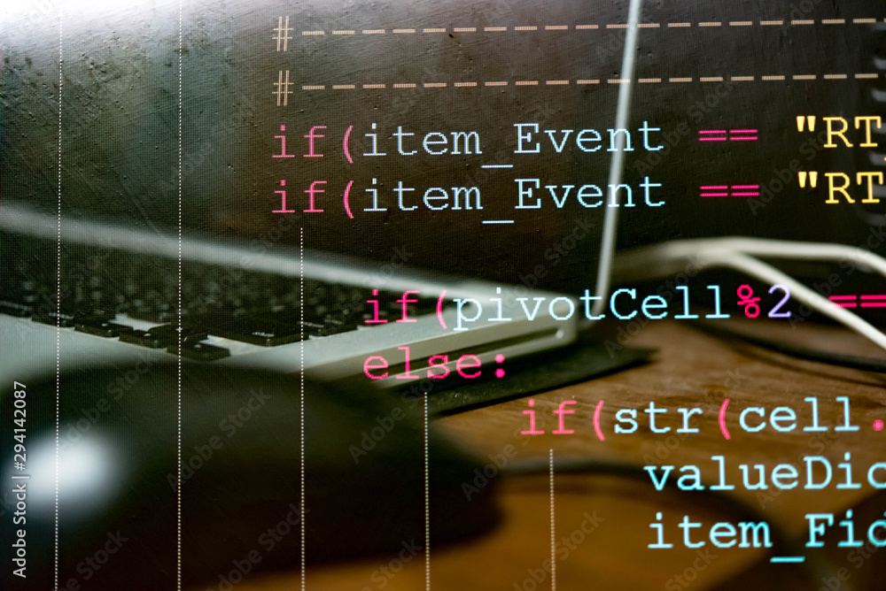 Foto Software developer programming code. Abstract computer script code ...