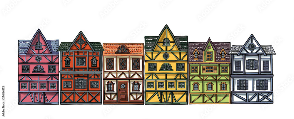 German houses cartoon collection urban landscape front view of European ...