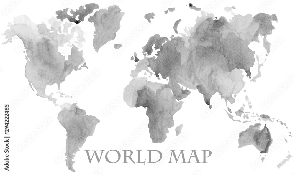 Watercolor illustration of world map painted in black color ink ...