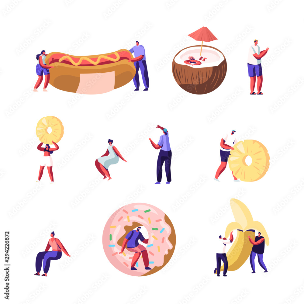 Set of Tiny Male and Female Characters Interacting with Huge Food Hot ...