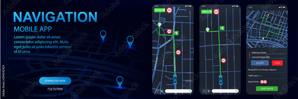 Navigator gps, mockups screens UI/UX/KIT mobile app. Thoughtful and ...