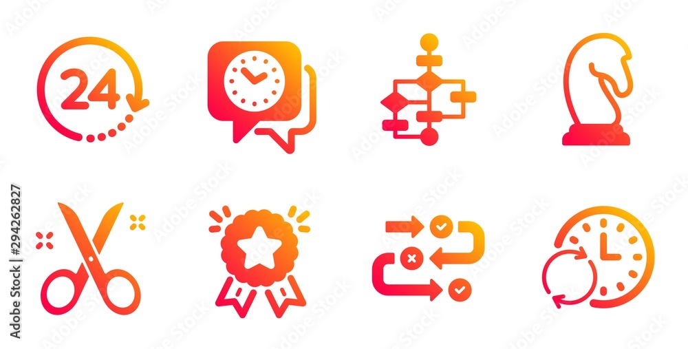 Ranking star, Scissors and Clock line icons set. Block diagram, 24 ...