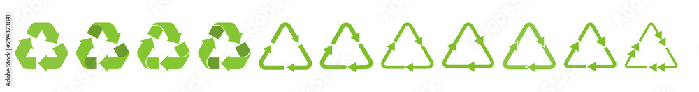 Recycle triangle arrow symbols set vector illustration. Green solid ...
