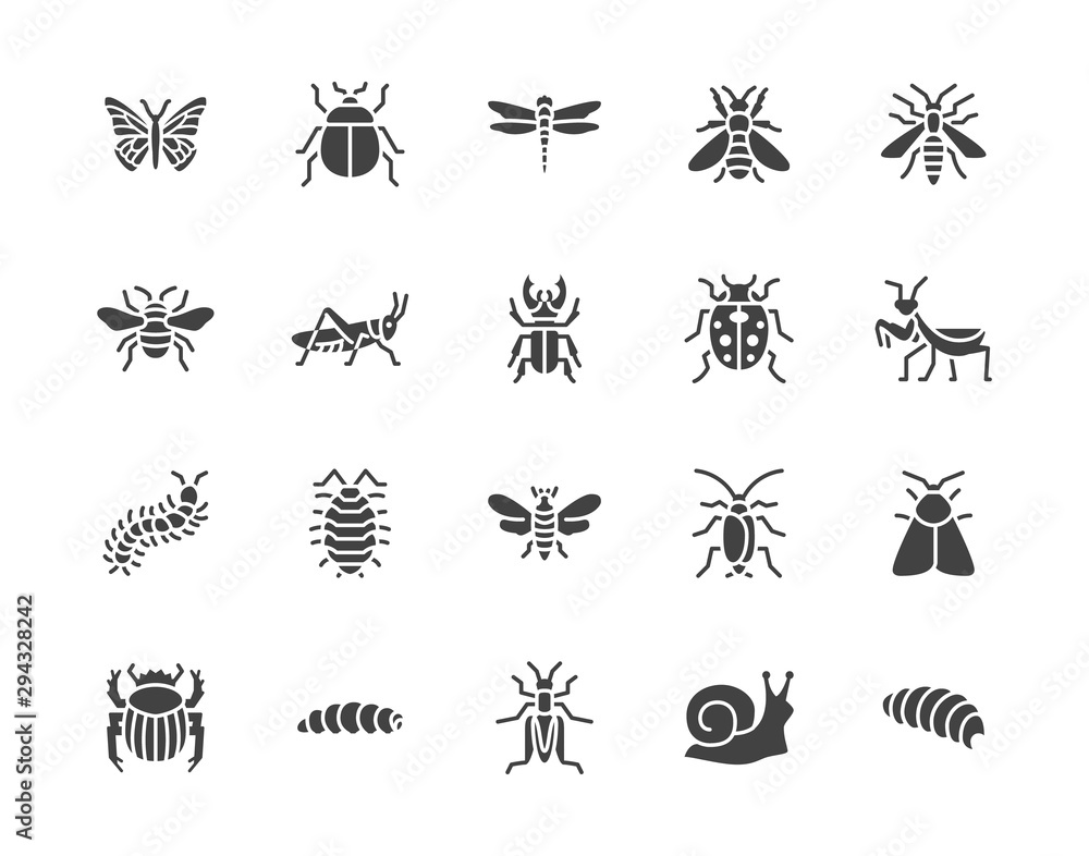 Insect flat glyph icons set. Butterfly, bug, dung beetle, grasshopper ...