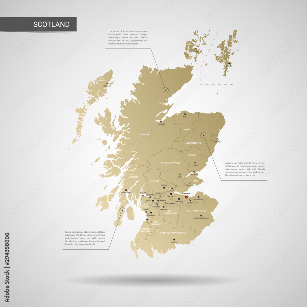 Stylized vector Scotland map. Infographic 3d gold map illustration with ...