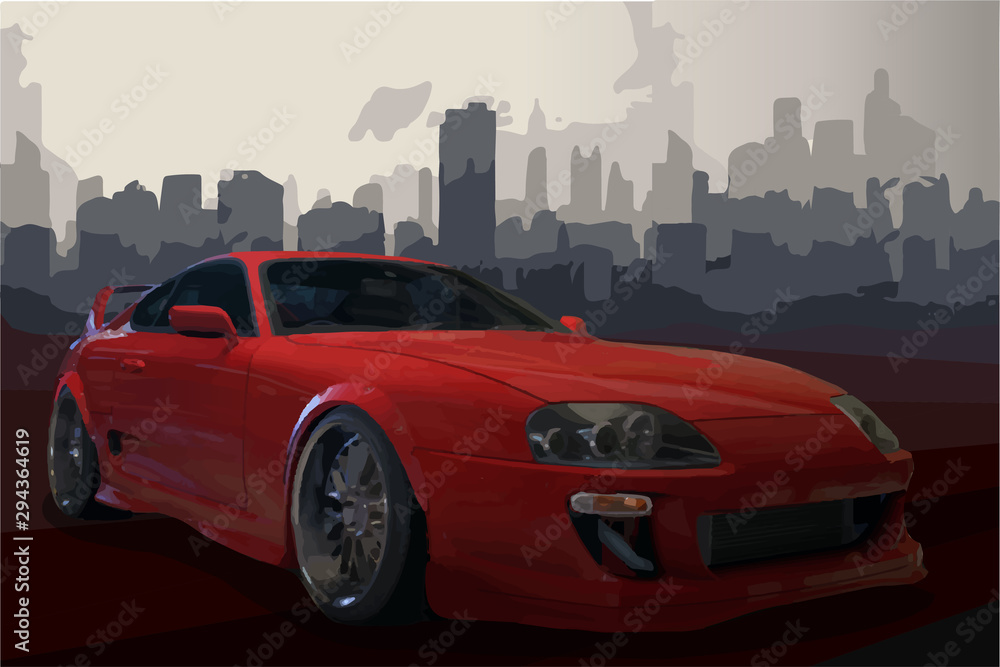 Cartoon japan tuned car on red sun background. Back view. Vector ...