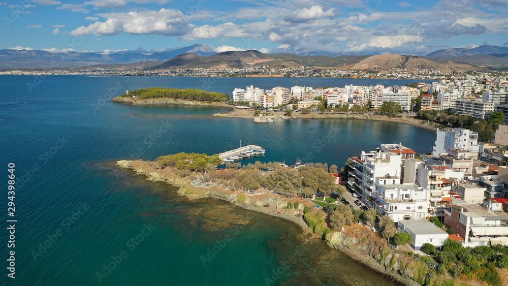 Aerial drone photo of iconic lighthouse built in small islet in famous ...