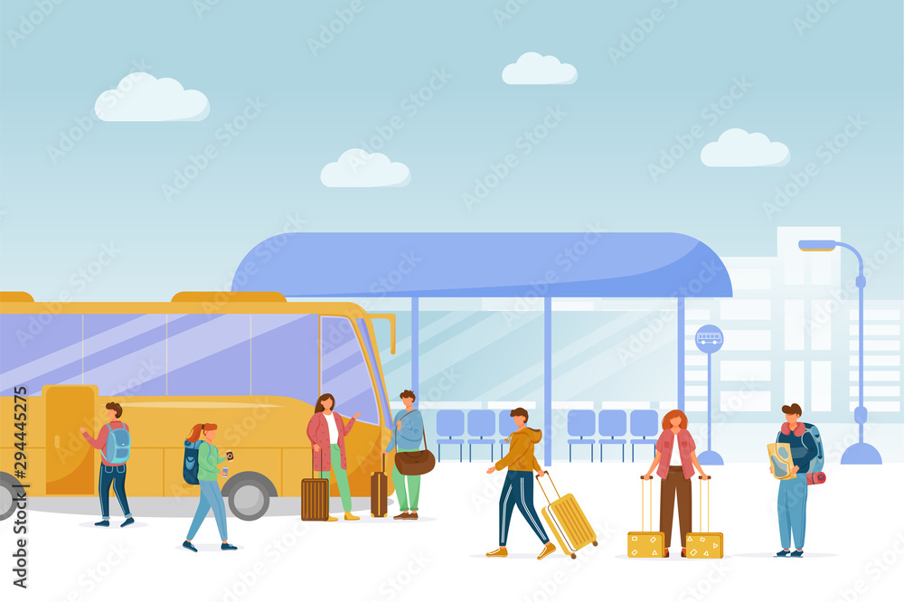 Bus station platform flat vector illustration. Public transport service ...