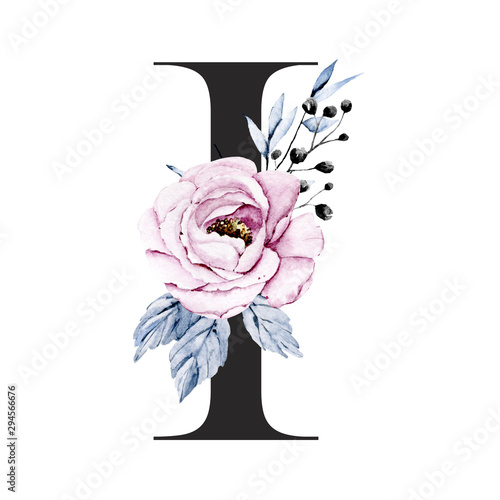 Letter i with watercolor flowers and leaves. Floral alphabet, monogram ...