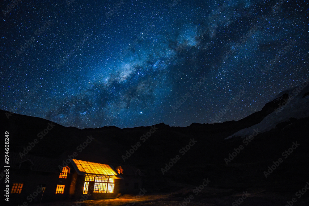 Milky Way and starry skies over a lodge in the Andes mountains. Cusco ...