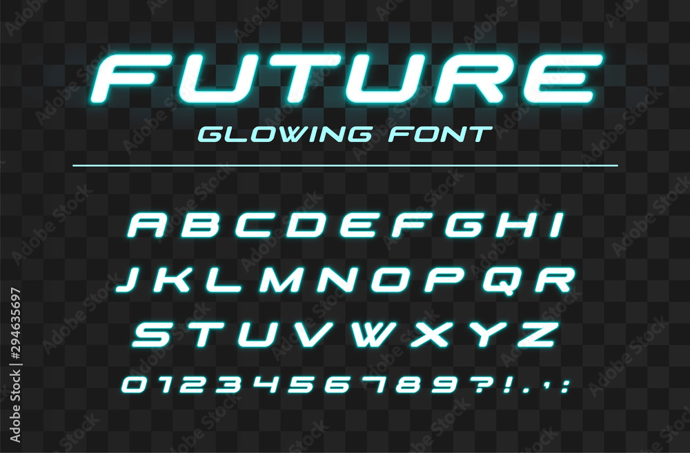 Future glowing font. Fast sport, futuristic, technology alphabet. Neon ...