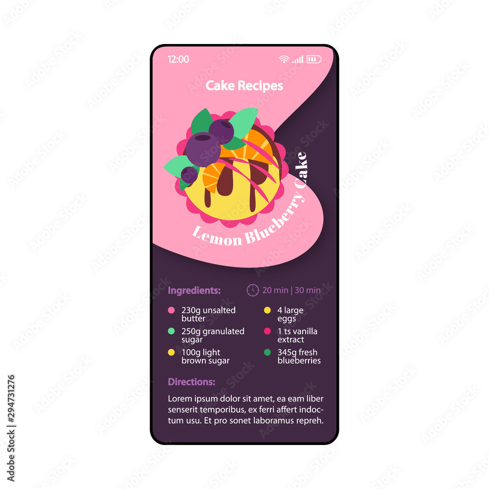 Cake recipes smartphone interface vector template. Mobile app page pink ...