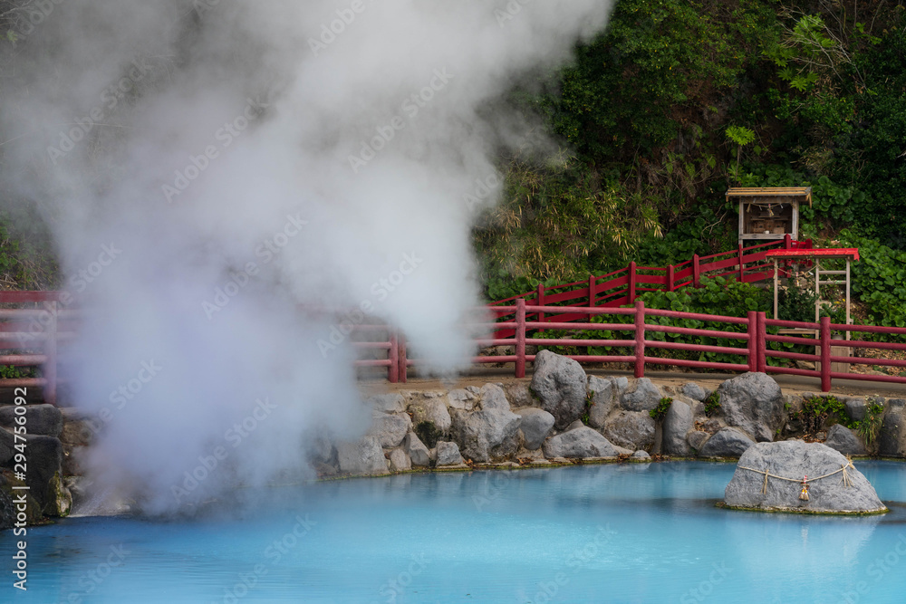 Kamado Jigokuor cooking pot hell, Japanese Onsen in blur color with big ...