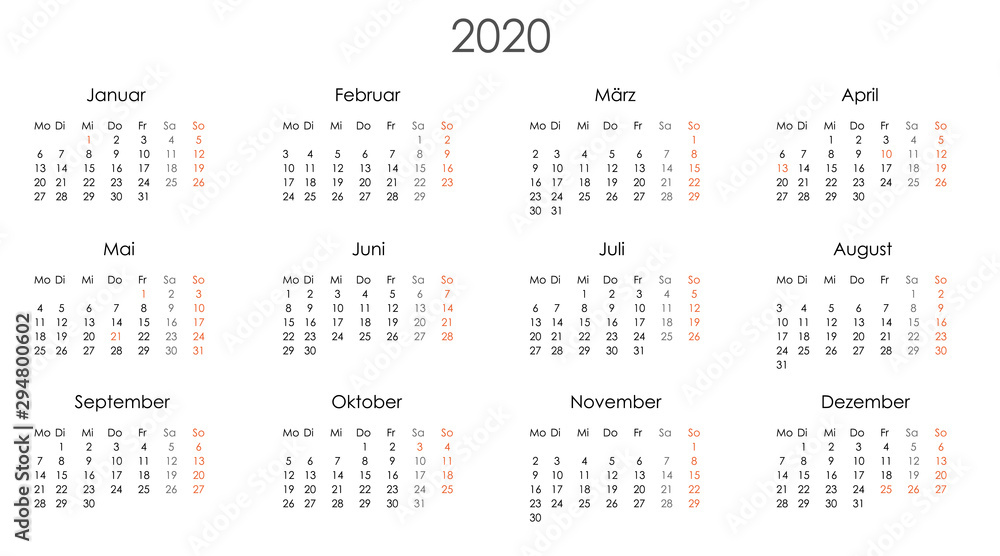 Kalender 2020 Jahresplaner Jahreskalender Kalendervorlage einfach Stock ...