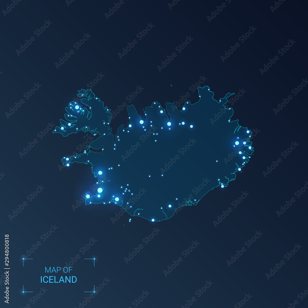 Iceland map with cities. Luminous dots - neon lights on dark background ...
