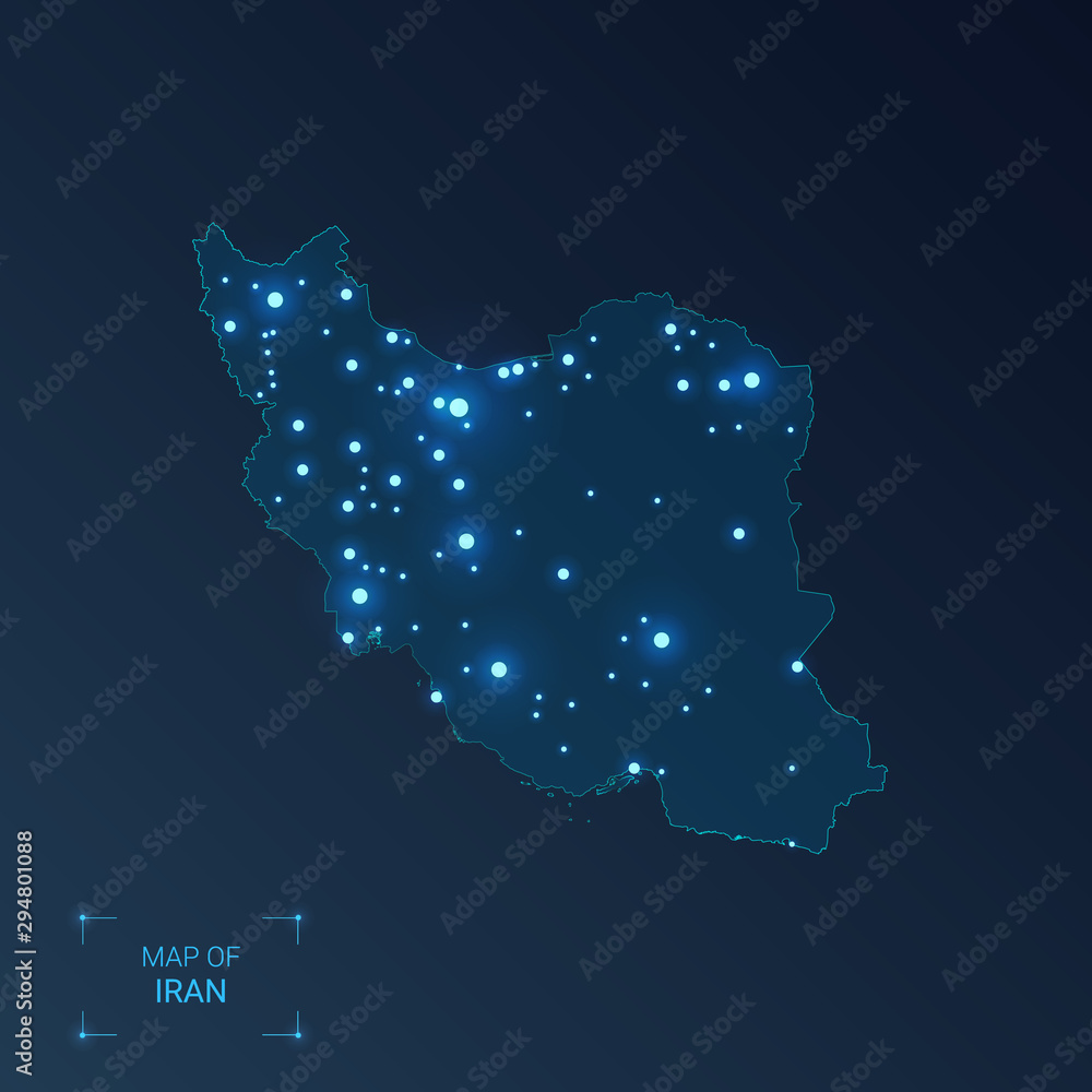Iran map with cities. Luminous dots - neon lights on dark background ...