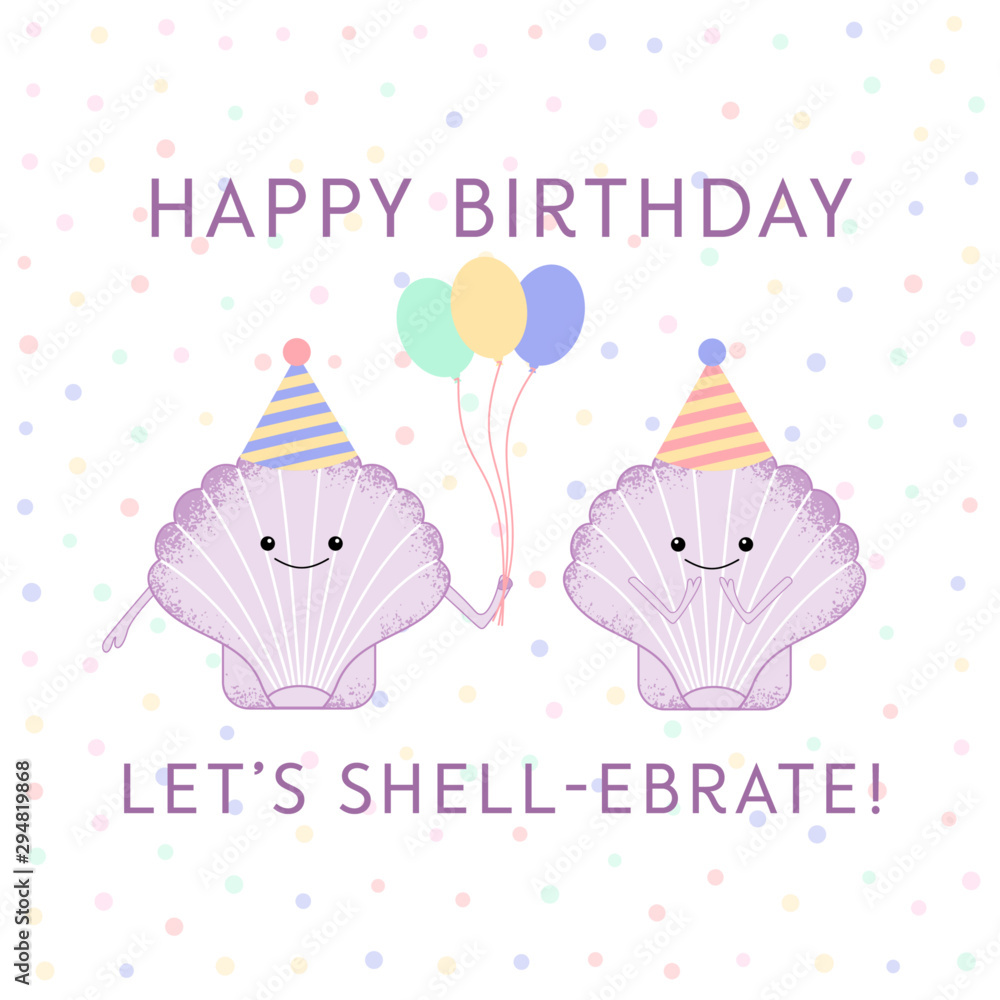 Vector illustration of 2 cute seashells with kawaii faces, party hats ...