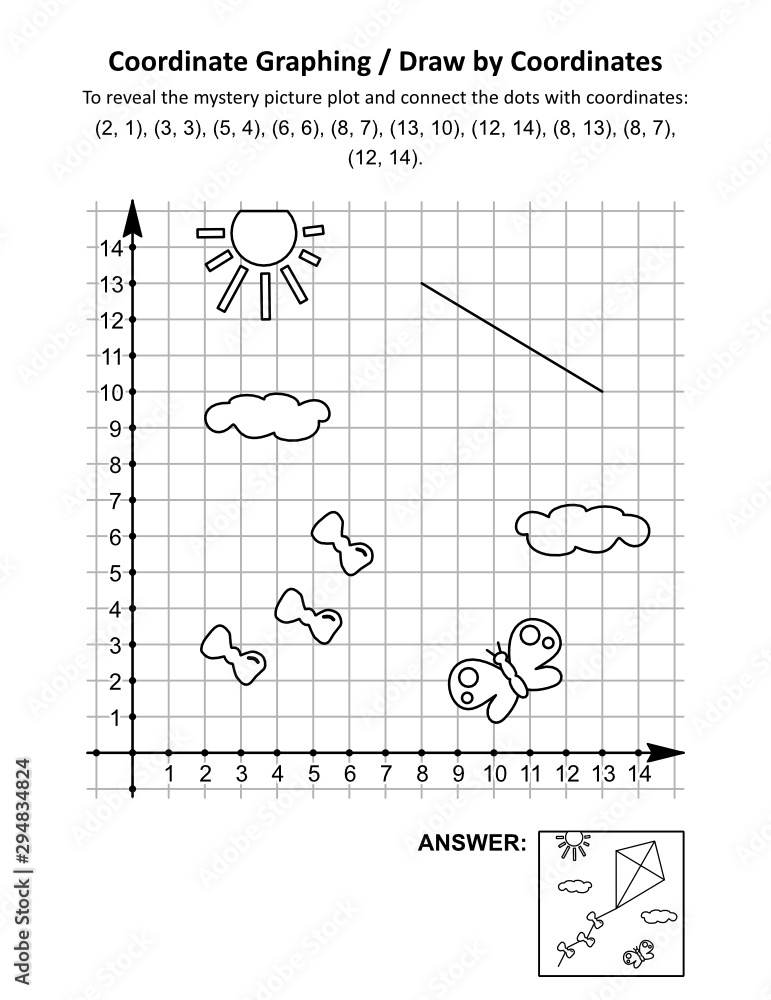 Coordinate graphing, or draw by coordinates, math worksheet with flying ...