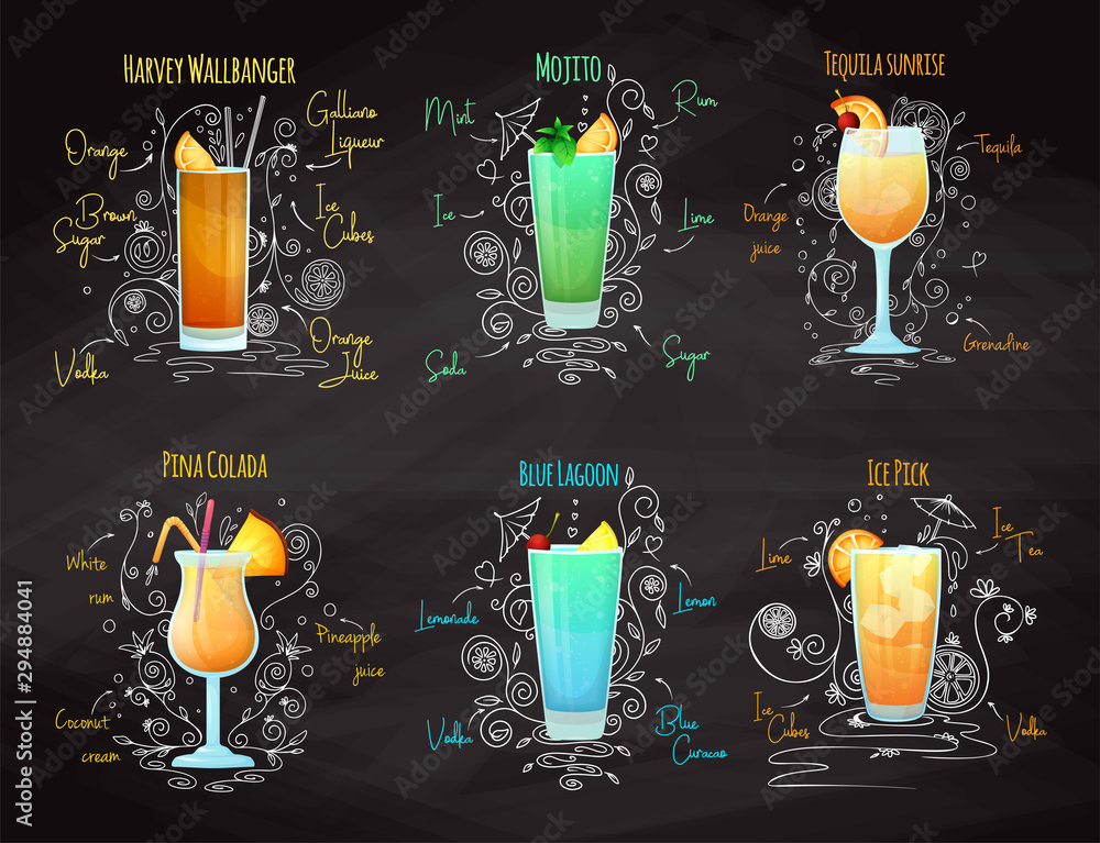 Recipes for different cocktails. Mojito, Pina Colada, Blue Lagoon and ...