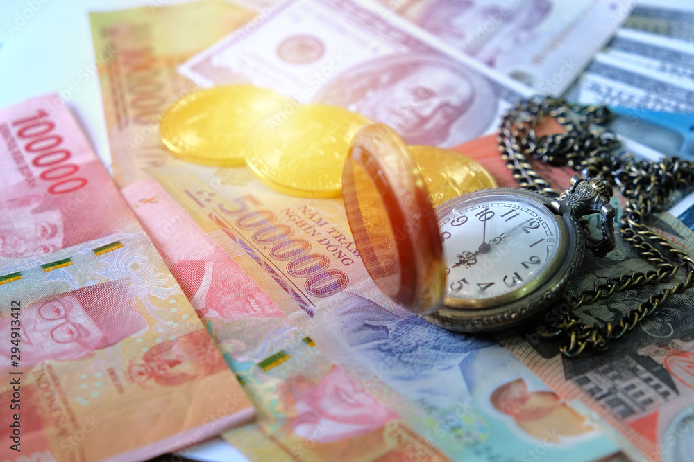 Business and Financial Concept. Multiple Currencies Banknote on graph ...