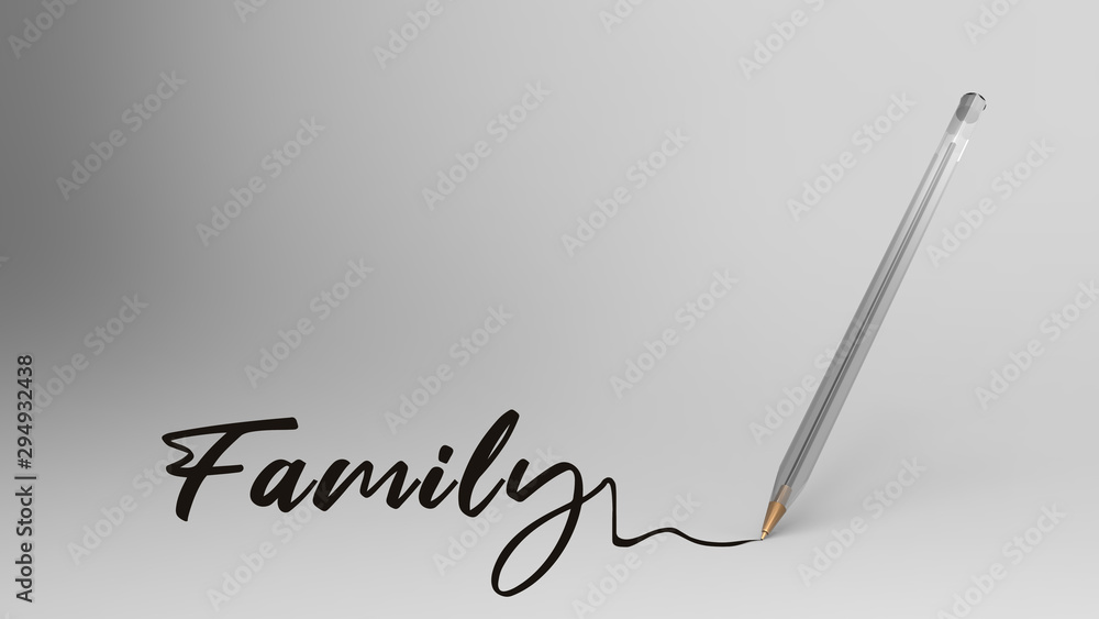 family word written with calligraphy with Transparent plastic ball pen ...