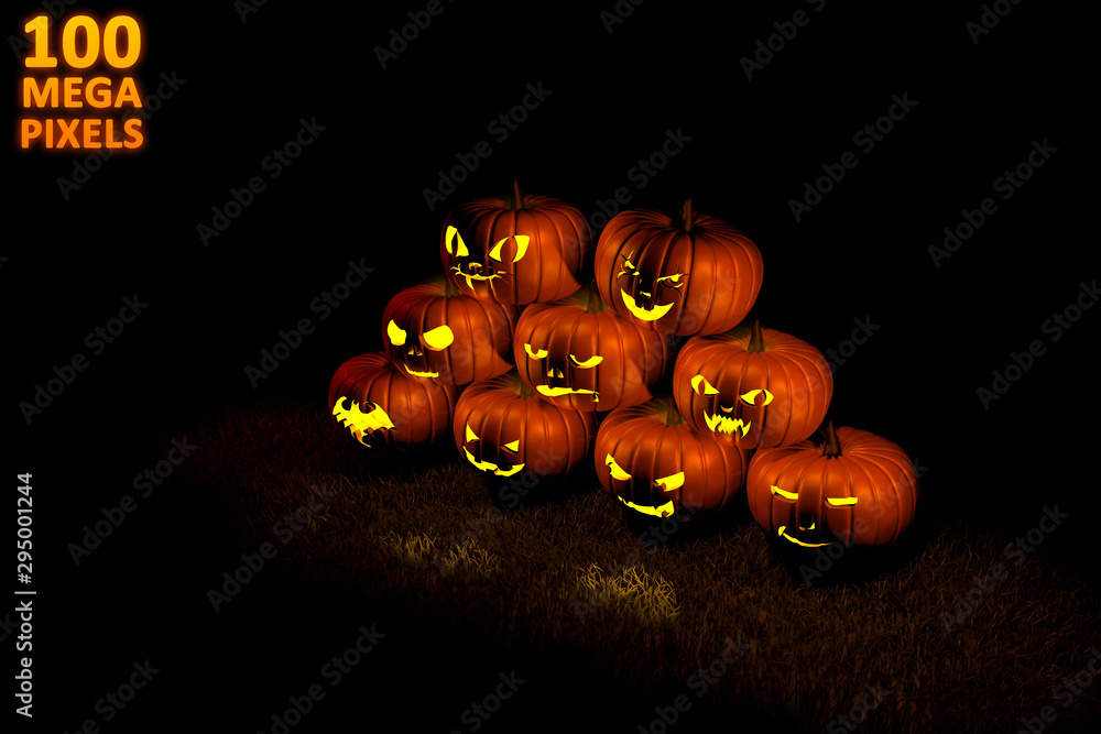 pile of 9 different carved pumpkins with fire light inside, halloween ...