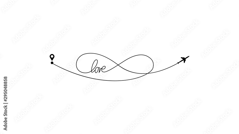 Plane and its track as a sign of infinity and text love on white ...