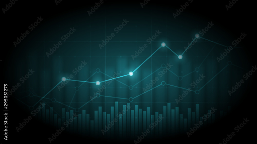 Widescreen Abstract financial graph with uptrend line and bar chart of stock market on green ...