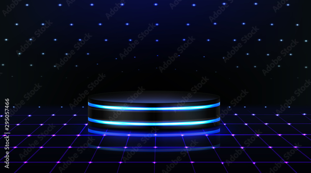 Neon podium. Empty stage in nightclub, dance floor with pedestal and ...
