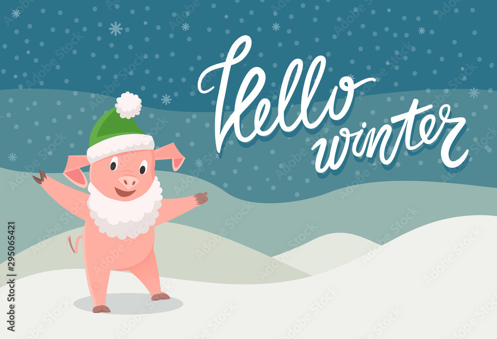Card hello winter with symbol of 2019 pig. Pink happy piggy with Santa ...