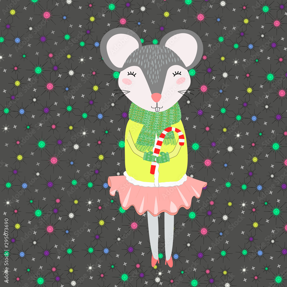 Vector Cute Mouse or Rat winter. Doodle Cartoon Scandinavian Mouse or ...