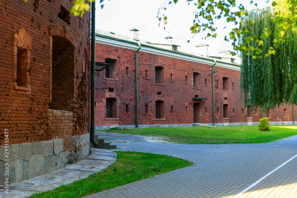 Preserved old brickwork of the ring barracks in the Brest Fortress ...