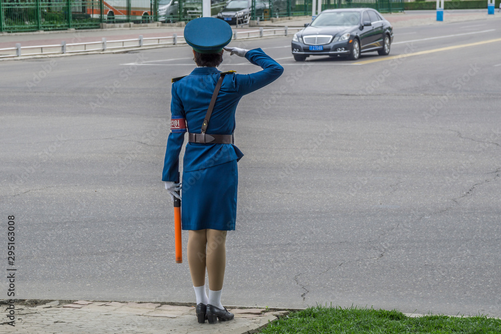 Traffic policewoman, police woman in the street. Pyongyang, DPRK, North ...