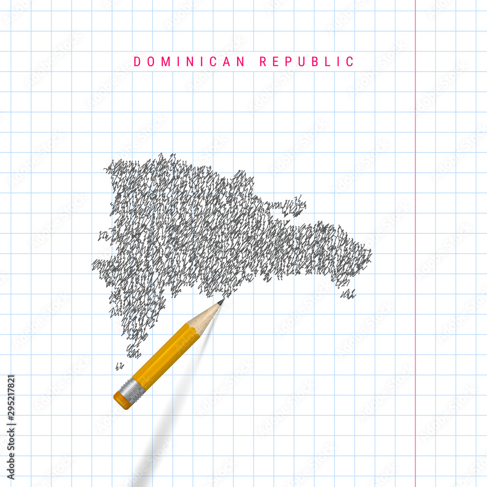 Dominican Republic sketch scribble vector map drawn on checkered school ...
