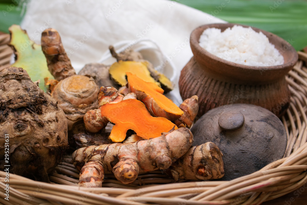 Herbs ingredients in bamboo basket for override the salt pot compress ...