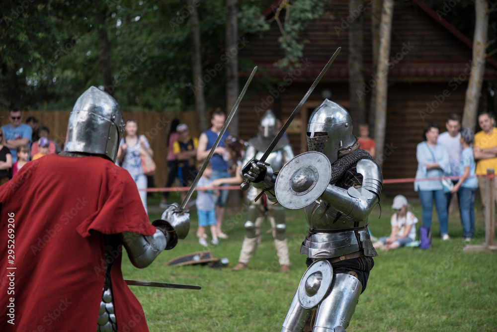 Reconstruction of the battle of medieval knights Stock Photo | Adobe Stock
