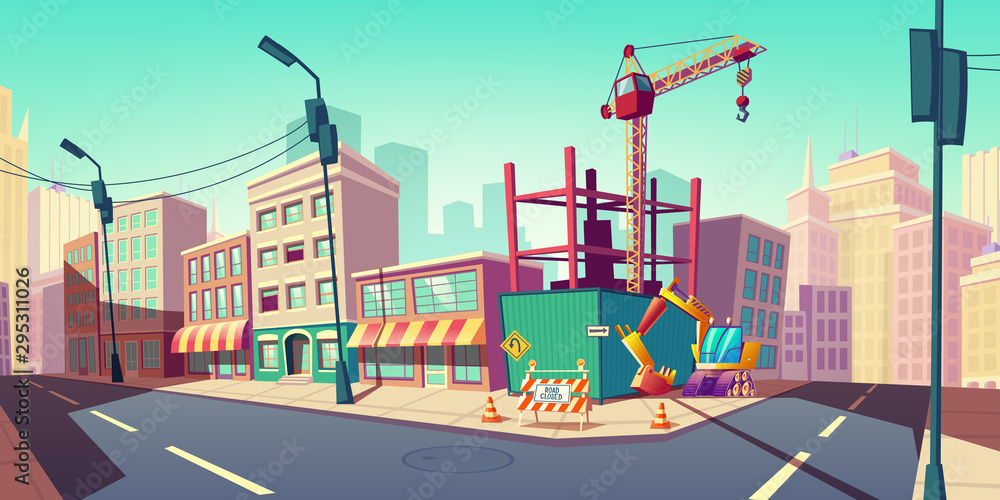 Construction site with building crane on empty city street with ...