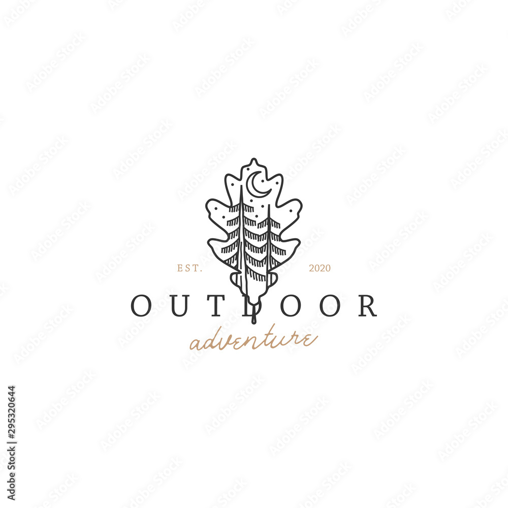 Outdoor logo of the wild, with view in oak leaf frame, pine forest at ...
